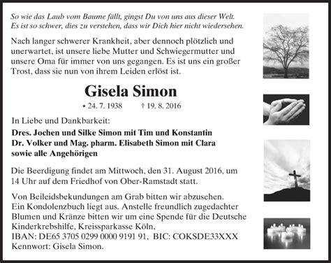 Traueranzeigen Von Gisela Simon Vrm Trauer De