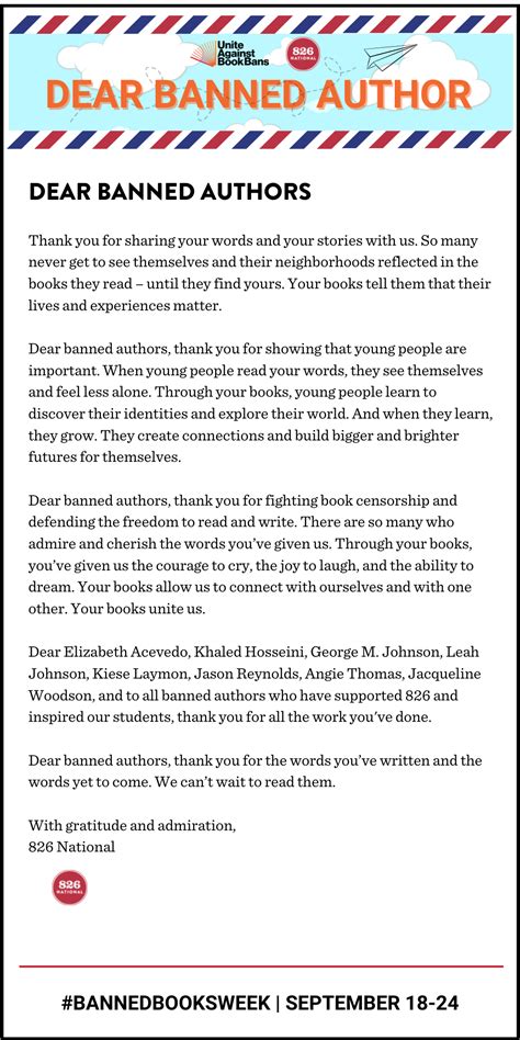 Dear Banned Book Author Banned Books Week 2022 826 National