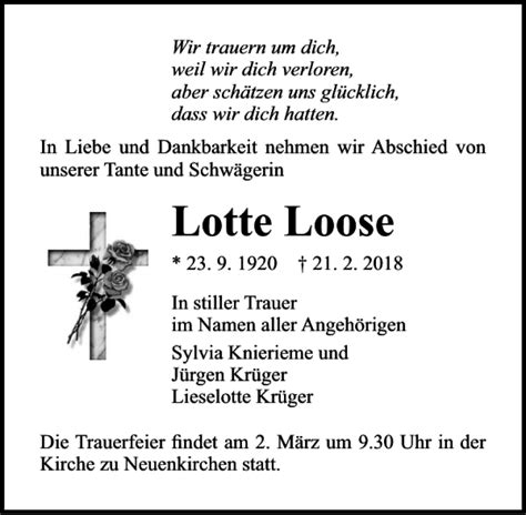 Traueranzeigen Von Lotte Loose Trauer Anzeigen De