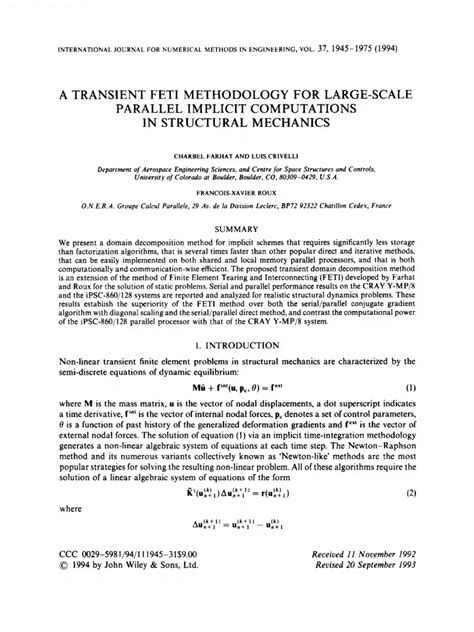 pdf a transient feti methodology for large scale parallel implicit computations in structural