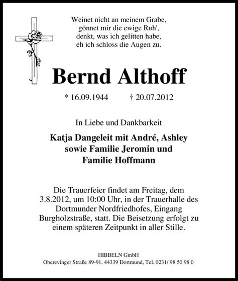 Trauer Und Todesanzeigen Von Bernd Althoff Trauer De