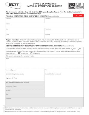 Fillable Online Bcit U PASS BC PROGRAM MEDICAL EXEMPTION REQUEST BCIT