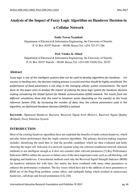 pdf analysis of the impact of fuzzy logic algorithm on handover decision in a cellular network