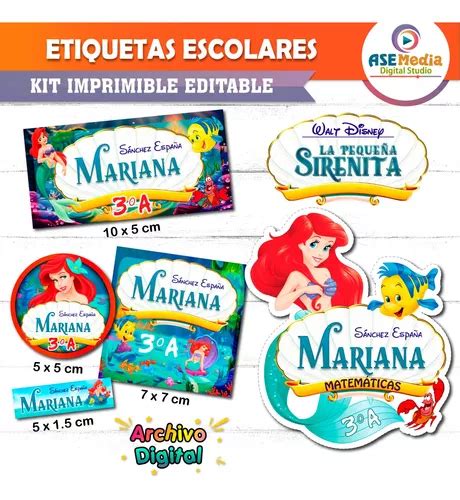 Etiquetas Escolares La Sirenita Ariel Editables Imprimibles