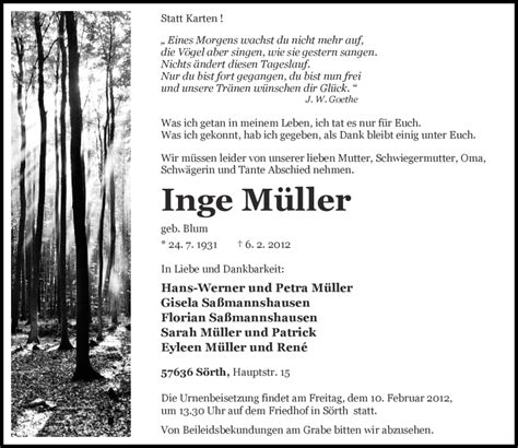 Traueranzeigen von Inge Müller rz trauer de