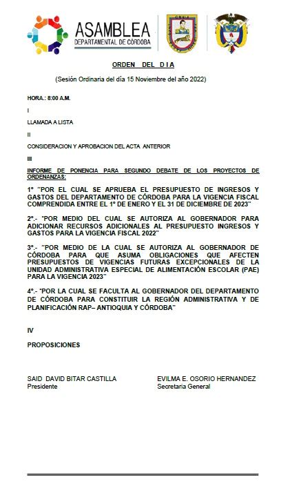 Orden del día de la Sesión Ordinaria del día 15 Noviembre del año 2022