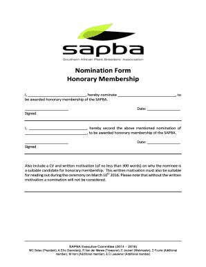 Fillable Online Nomination Form Honorary Membership SAPBA Fax Email