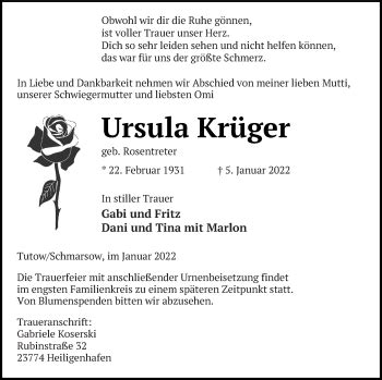 Traueranzeigen Von Ursula Kr Ger Trauer Nordkurier