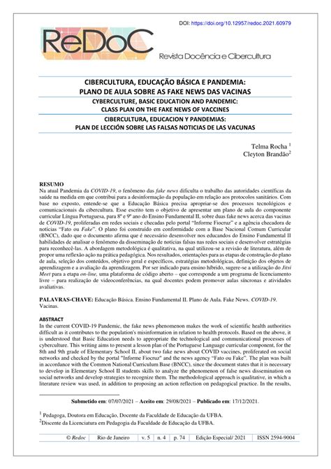 Pdf Cibercultura Educa O B Sica E Pandemia Plano De Aula Sobre As