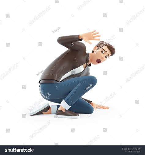 3d Scared Cartoon Man Sitting On Stock Illustration 2107152485