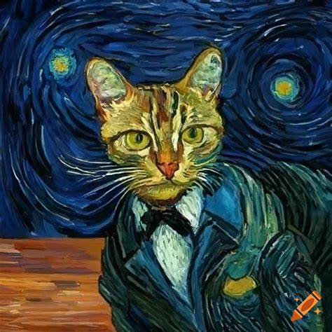 Gato Con Traje Inspirado En La Noche Estrellada De Van Gogh