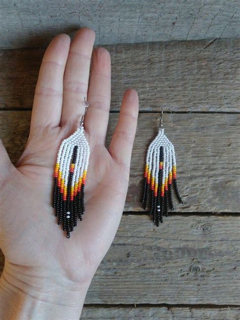 Feather Seed Bead Earrings Native American Style Beaded Etsy Beaded