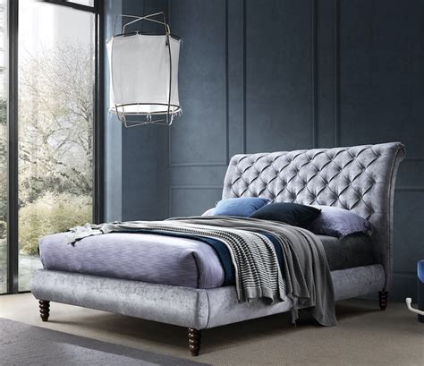 Amalfi Grey Upholstered Crushed Velvet Sleigh Bed Love Home Living