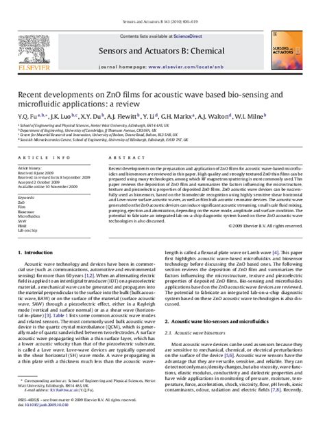 pdf recent developments on zno films for acoustic wave based bio sensing and microfluidic