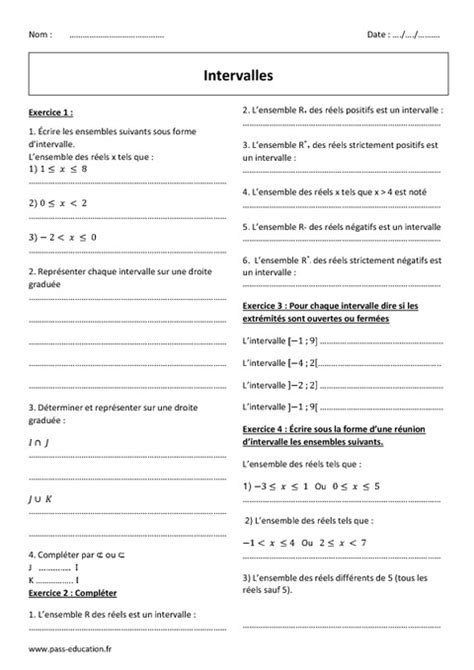 Intervalles 2nde Exercices corrigés à imprimer Pass Education