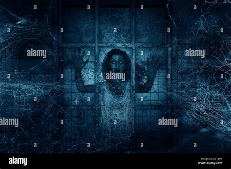 3d Illustration Of Scary Ghost Woman In Haunted House Horror Background