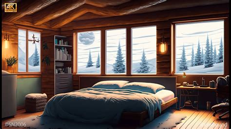 Winter Cozy Cabin In Snowfall With Crackling Fireplace Sound Relaxing