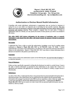 Fillable Online Authorization To Disclose Mental Health Information Fax