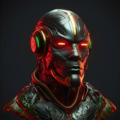 Un Robot Con Ojos Rojos Y Fondo Negro Foto Premium