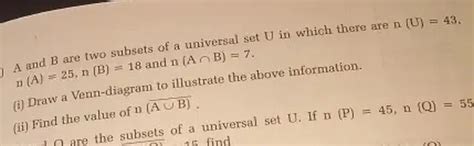 1 a and b are two subsets of a universal set u in whi math