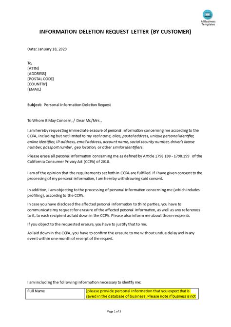 Ccpa Deletion Request Template