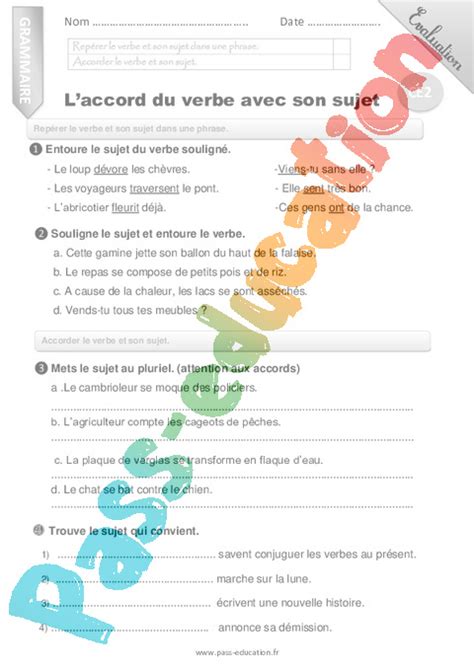 Evaluation Accord sujet verbe CE2 Bilan et controle corrigé