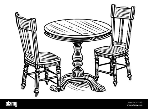 Round Wooden Table With Chairs Hand Drawn Ink Sketch Engraving Style