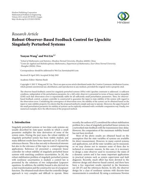 pdf robust observer based feedback control for lipschitz singularly perturbed systems