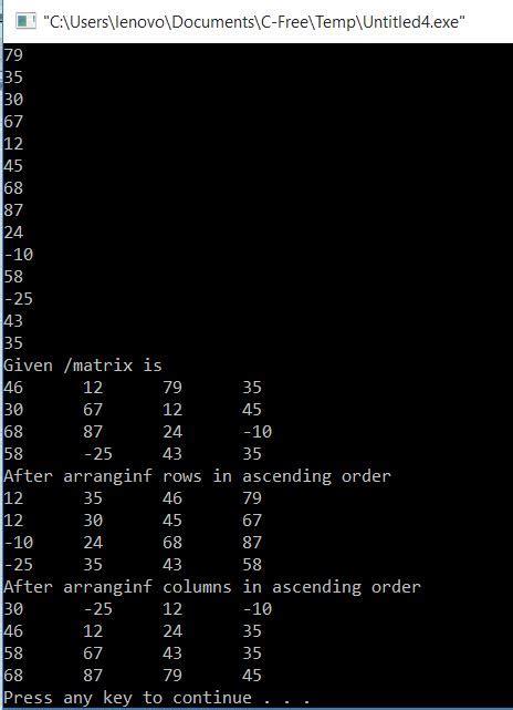 all c programs program 138 arrange rows and columns of matrix in ascending order