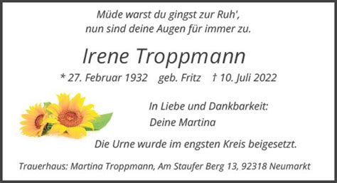 Traueranzeigen Von Irene Troppmann Vrm Trauer De