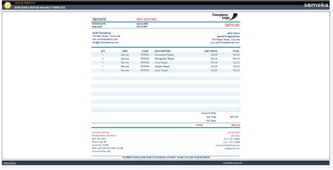 Appliance Repair Invoice Template Free Template