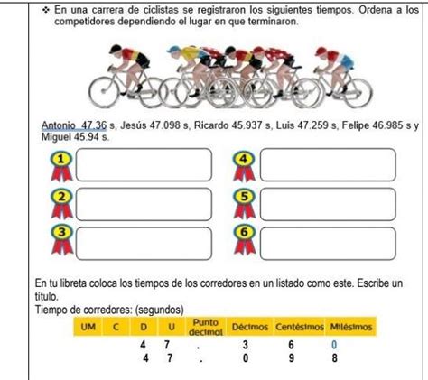En Una Carrera De Ciclista Se Registraron Los Siguientes Tiempos Ordena