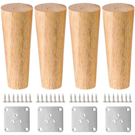 Lot De 4 Pieds De Table De Meuble Coniques En Bois Massif Avec Plaques