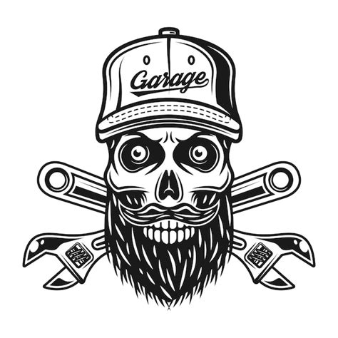 Premium Vector Bearded Skull Of Mechanic In Baseball Cap With