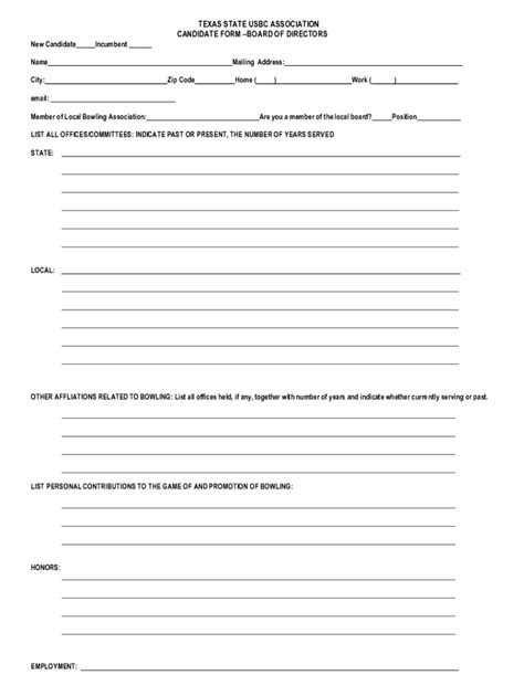 Fillable Online TEXAS STATE USBC ASSOCIATION ADULT CANDIDATE FORM BOARD
