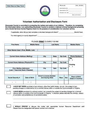 Fillable Online Gloucesterva Volunteer Authorization And Disclosure