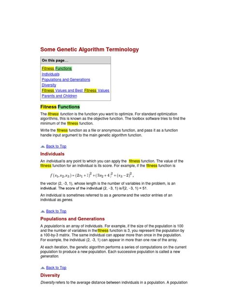 help some genetic algorithm terminology using the genetic algorithm global optimization