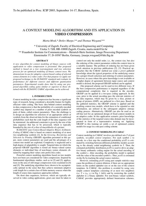 pdf a context modeling algorithm and its application in video compression