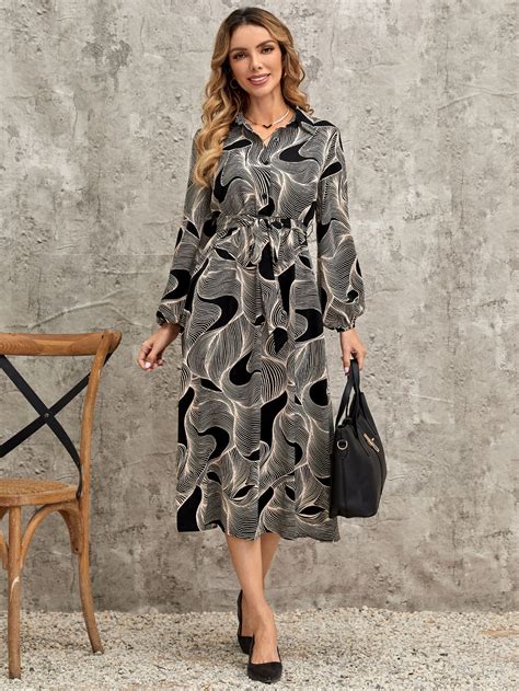 EMERY ROSE Vestido camisero con estampado de manga farol con cinturón