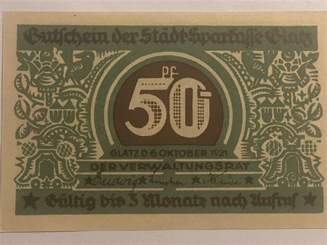 50 Pfennigs Städtische Sparkasse Ville de Glatz Basse Silésie