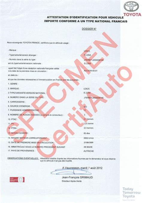 Certificat de Conformité Européen Lexus COC Commandez votre