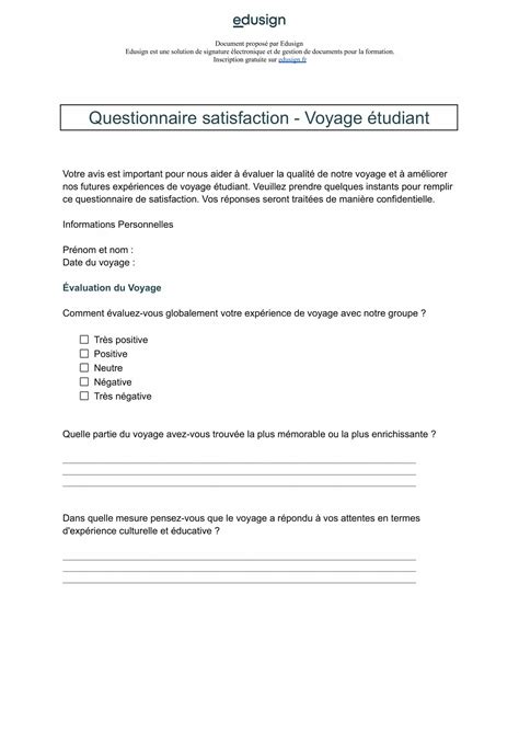 Modèle de questionnaire de satisfaction Voyage des étudiants Edusign