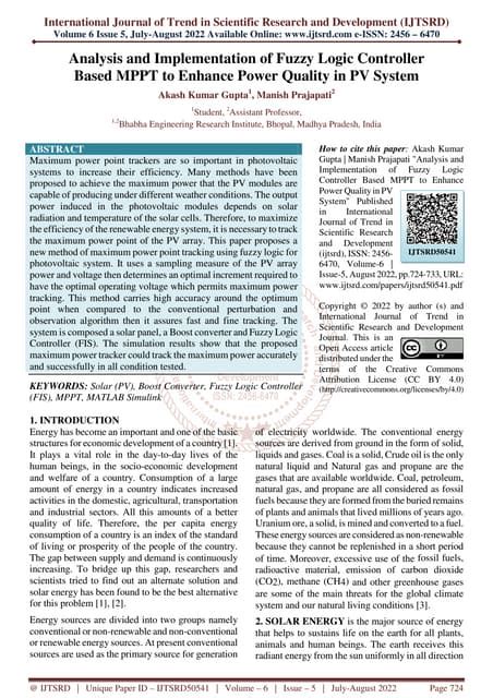 analysis and implementation of fuzzy logic controller based mppt to enhance power quality in pv