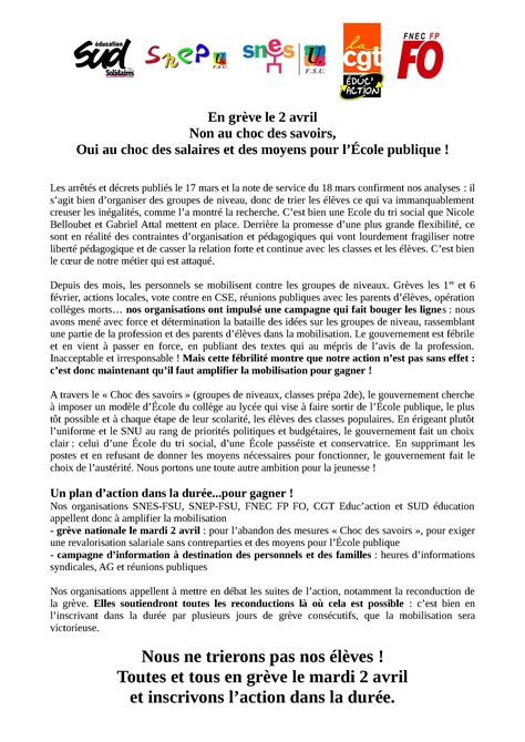 Non Au Choc Des Savoirs Oui Au Choc Des Salaires Avril Cgt H Rault