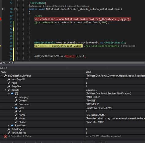 c core okobjectresult and iactionresult with unit test are not letting me loop over
