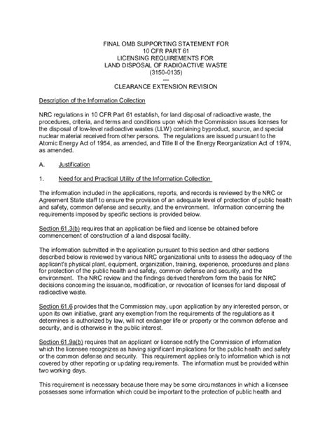 Fillable Online OMB 3150 0135 FINAL SS 10 CFR Part 61 Licensing