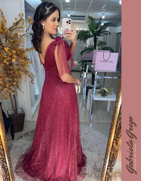 Vestido Longo Marsala em Tule de Brilho e Laço no Ombro