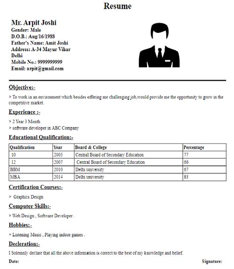 Indian Resume Format For Job Pdf Free Documents