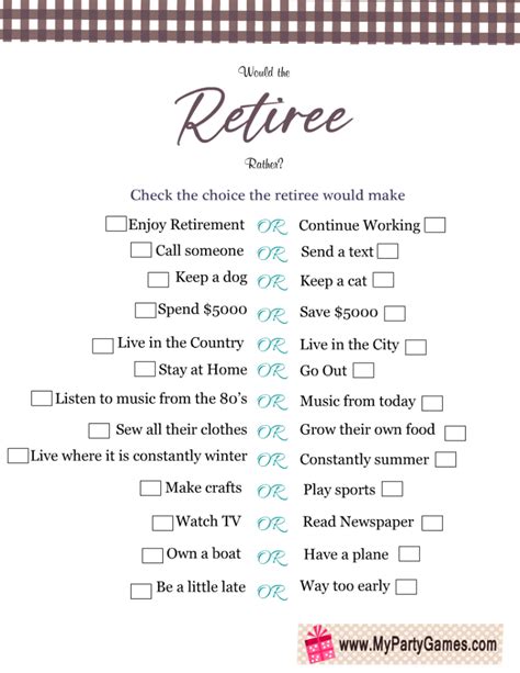 Free Printable Would The Retiree Rather Retirement Game