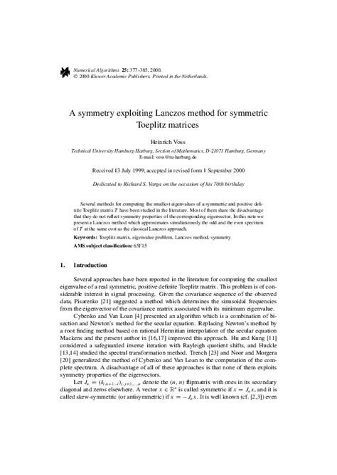pdf a symmetry exploiting lanczos method for symmetric toeplitz matrices heinrich voss